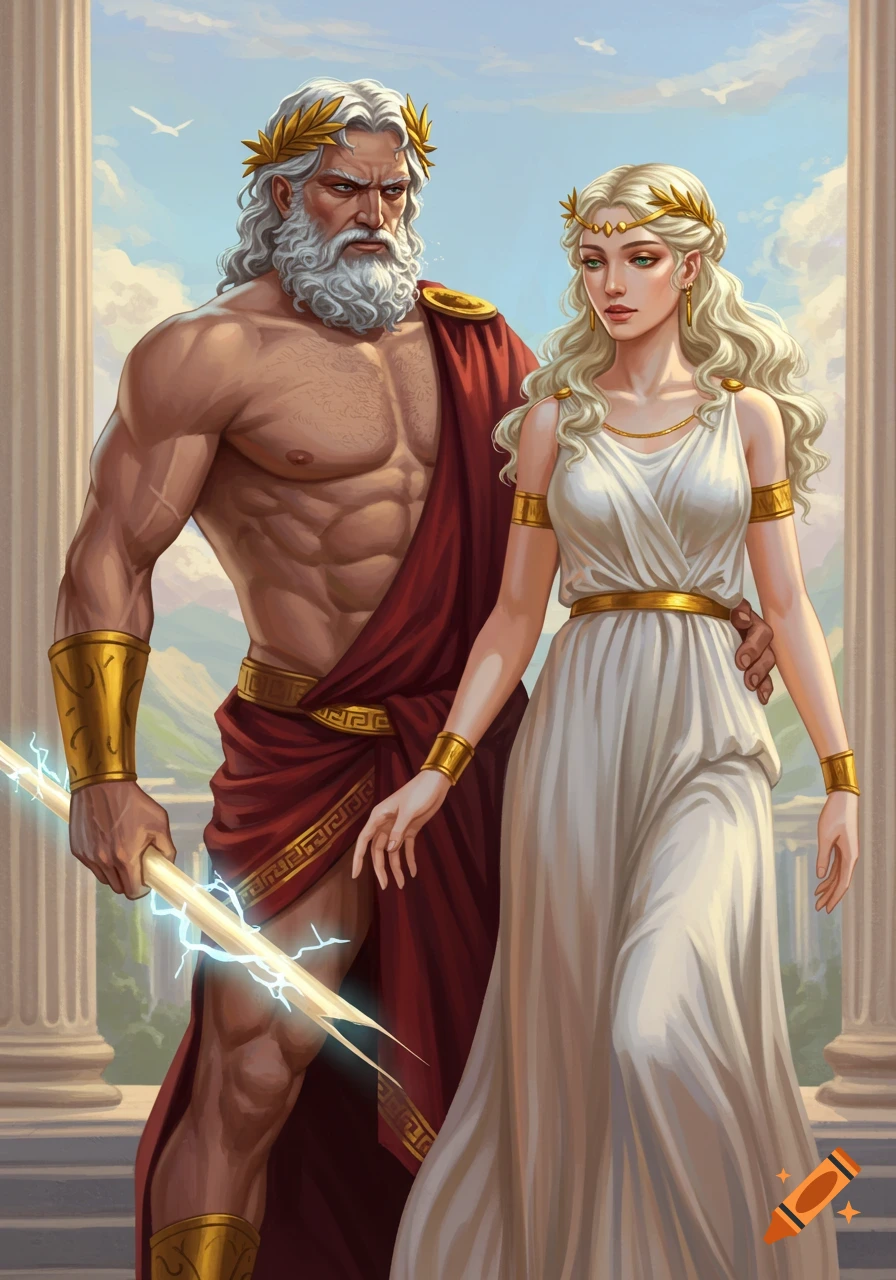 An illustrated depiction of Zeus and a woman resembling Aphrodite standing among classical ...