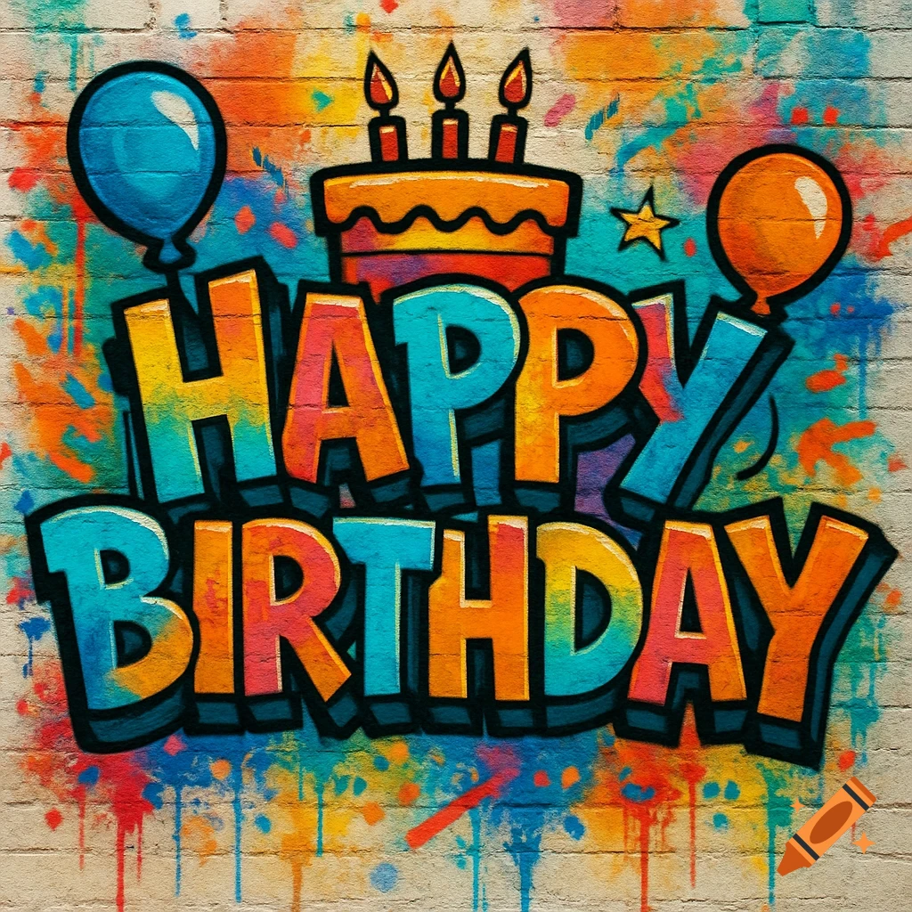 Colorful graffiti text "HAPPY BIRTHDAY" with balloons and cake on a ...