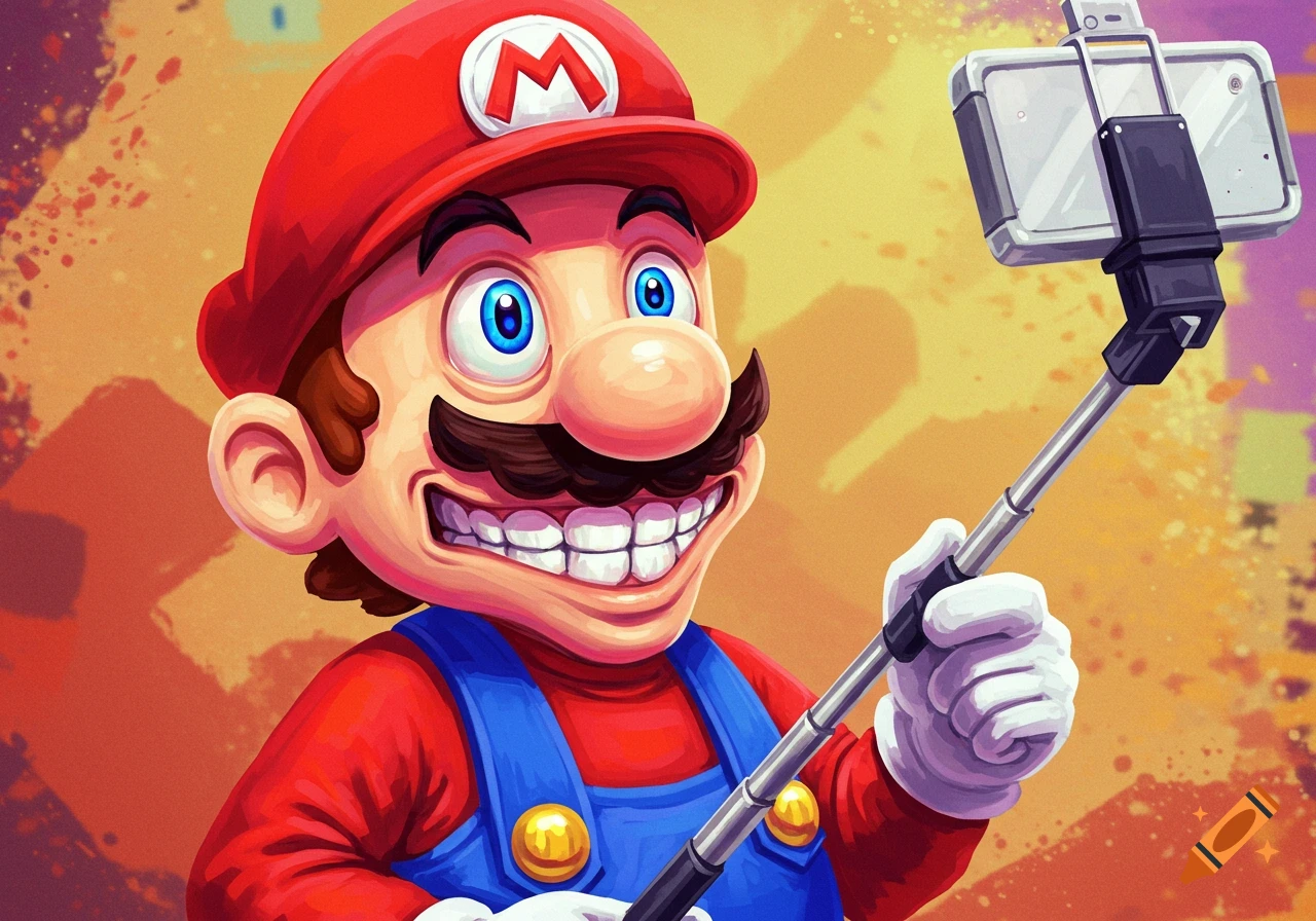 Mario takes a selfie with a selfie stick, smiling intensely. on Craiyon