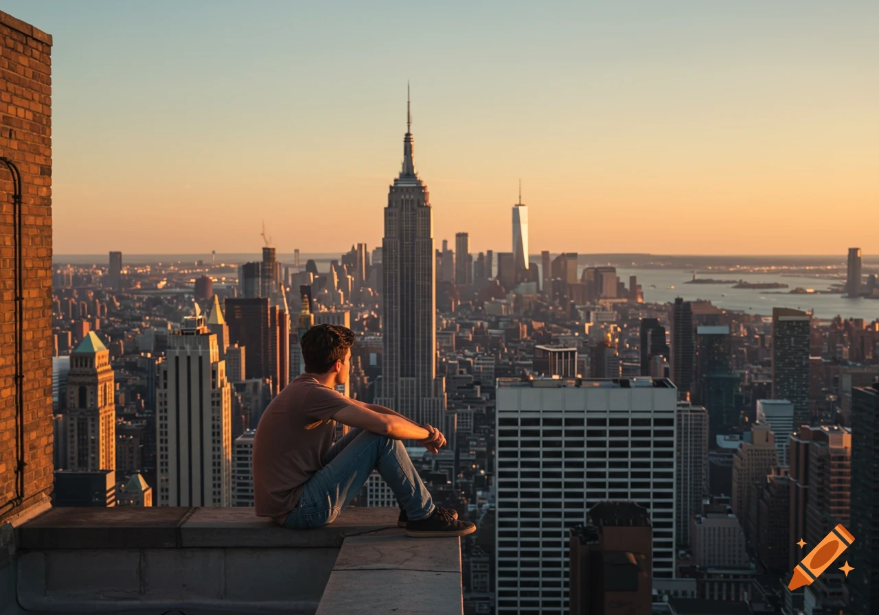 A person sits on a rooftop overlooking the New York City skyline at ...