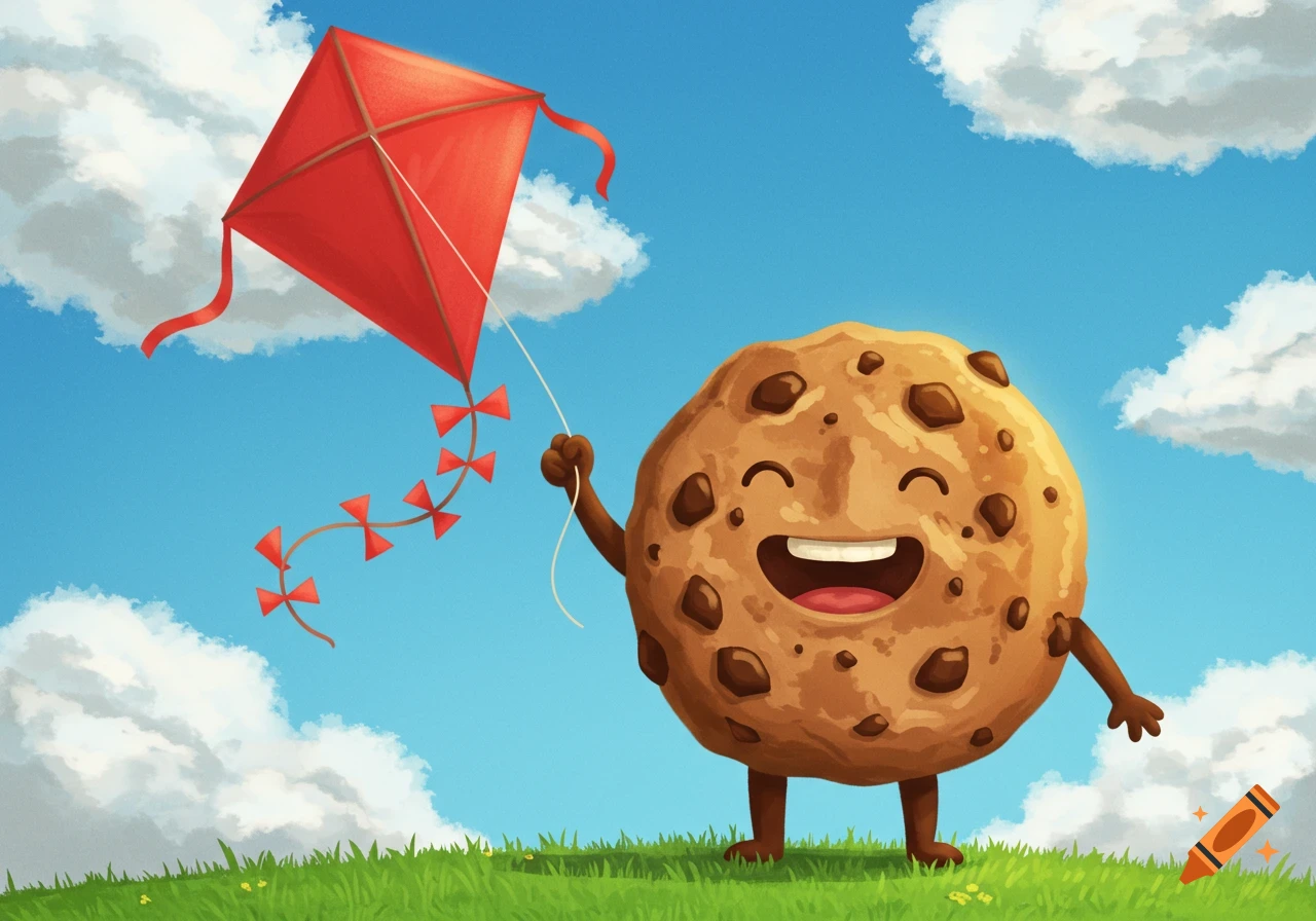 A happy cartoon chocolate chip cookie holds a red kite in a grassy ...