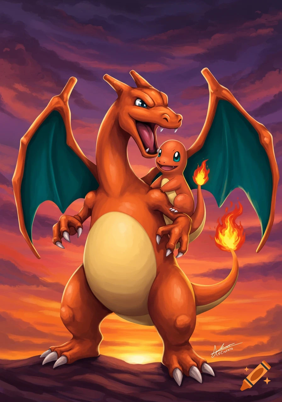 Illustration of Charizard with Charmander on its back against a sunset ...