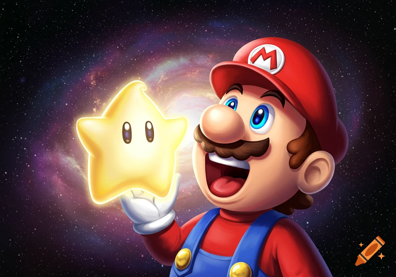 Stylized illustration of Super Mario holding a glowing star in space on ...