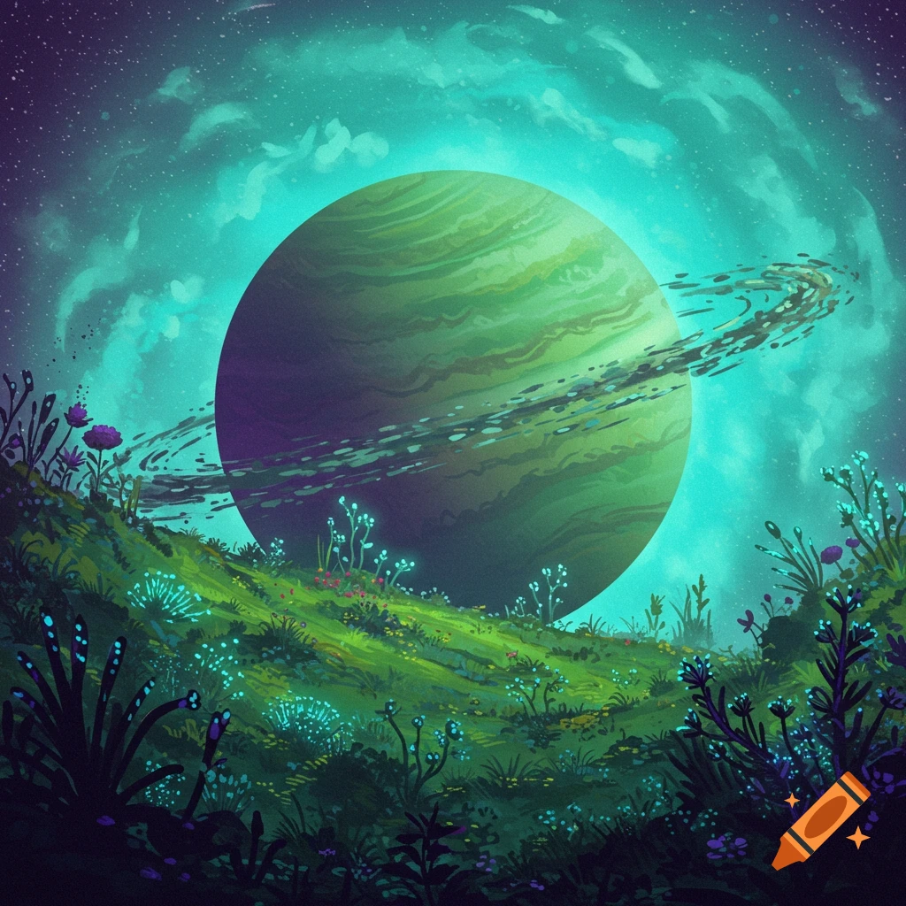 A green ringed planet rises above a hillside covered in glowing alien ...