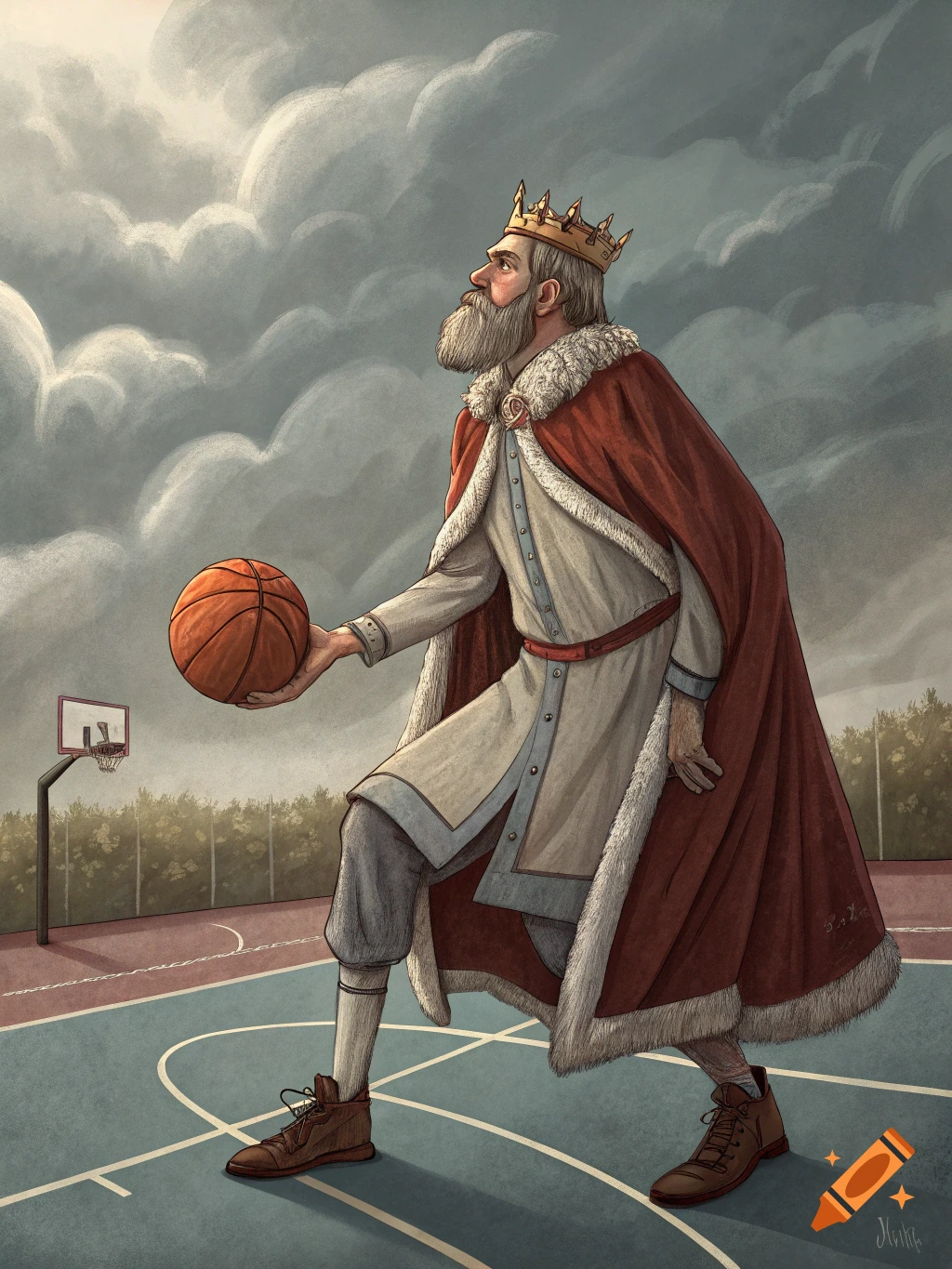 Illustration of a bearded king in crown and robe holding a basketball ...