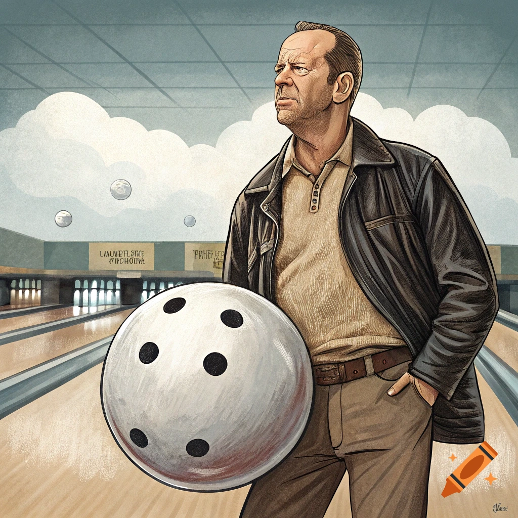 Illustration of Bruce Willis holding a bowling ball in a bowling alley ...