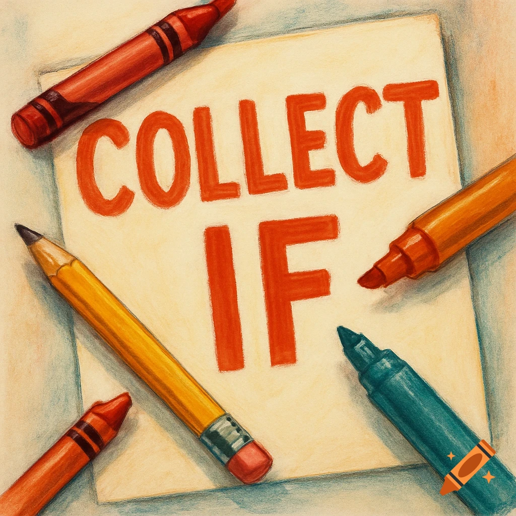 School supplies around a paper with the words COLLECT IF, in a drawing ...