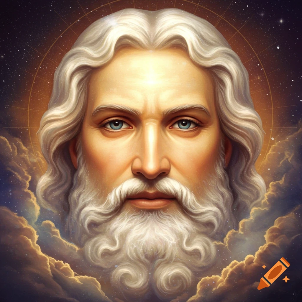 Close-up portrait of a divine figure with white hair and beard against ...
