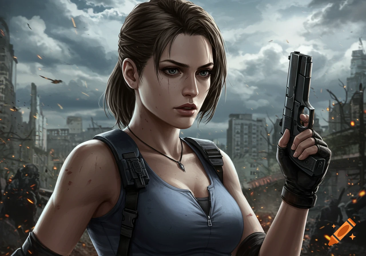 Jill Valentine-like character holding a gun in a ruined city on Craiyon