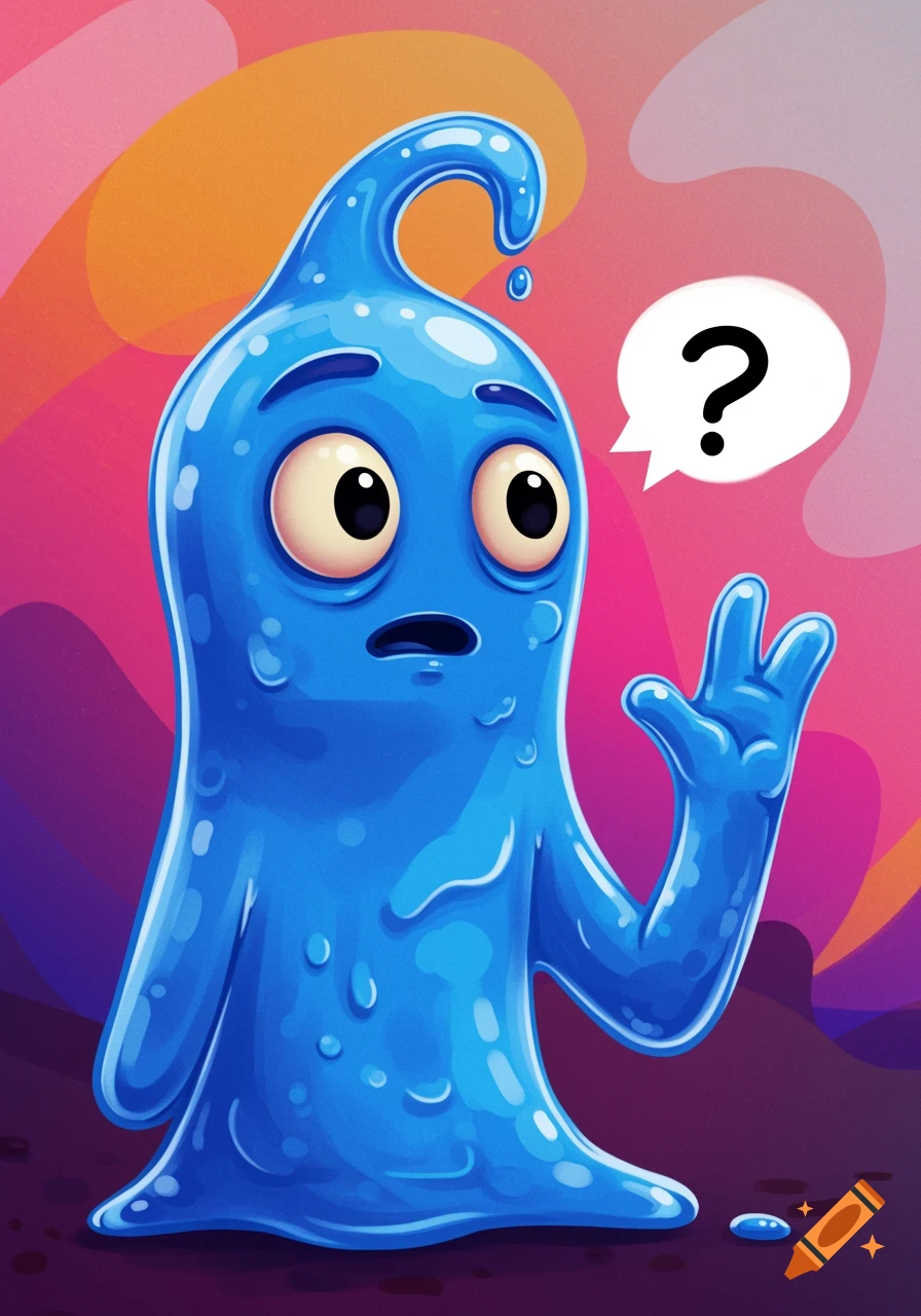 Cartoon illustration of a surprised blue slime creature with a question ...