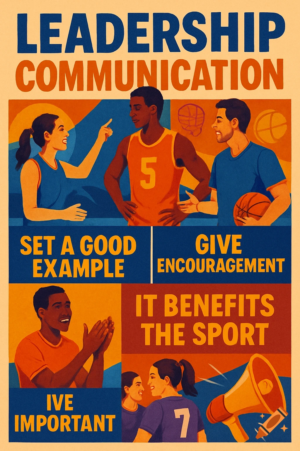 Retro style poster promoting leadership and communication in sports ...