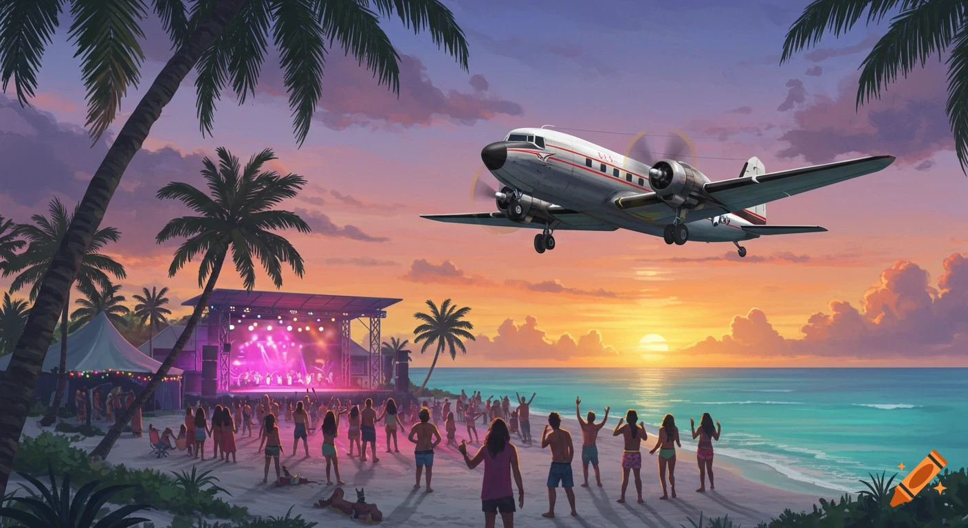 An airplane flies over a crowded beach concert at sunset. Palm trees ...