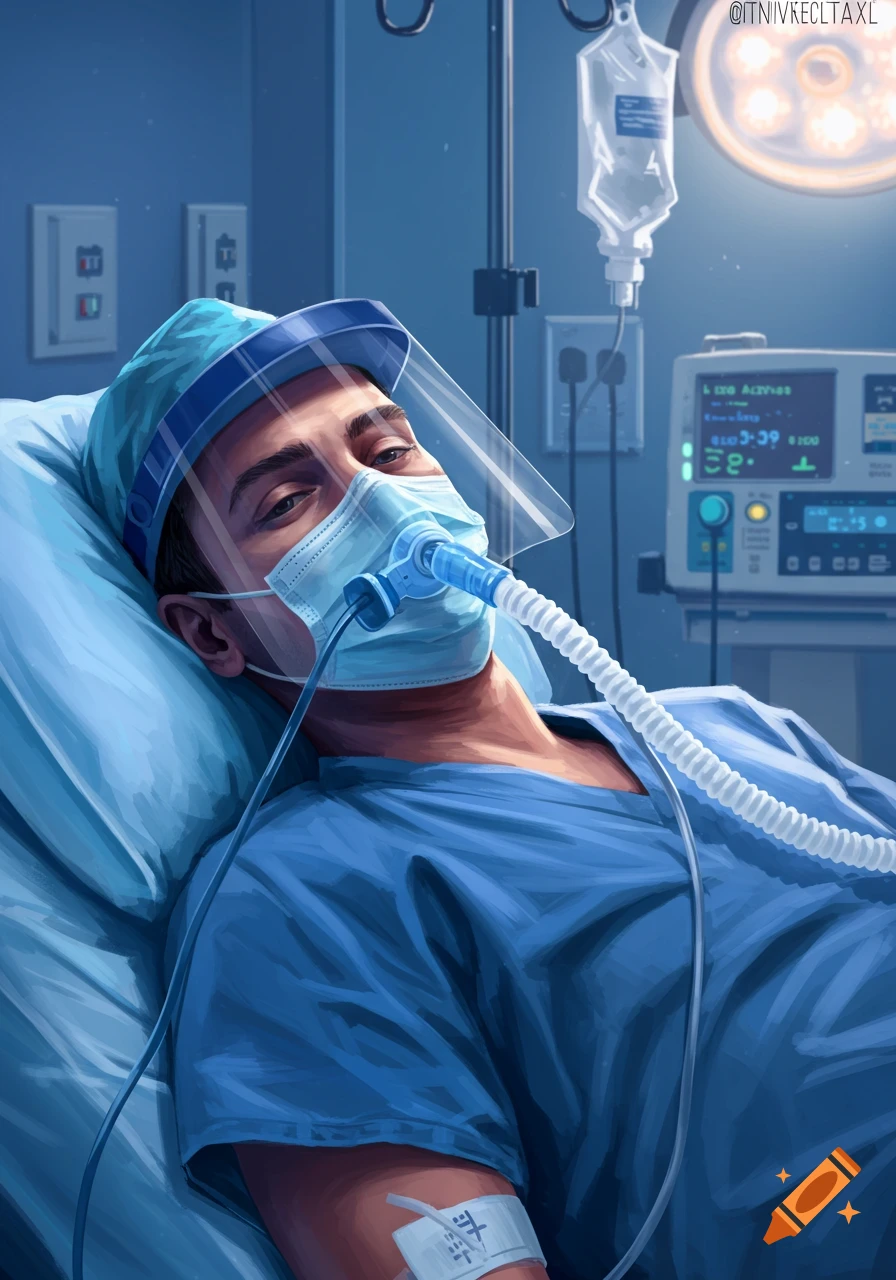 Illustration of a person in a hospital bed with mask, face shield ...