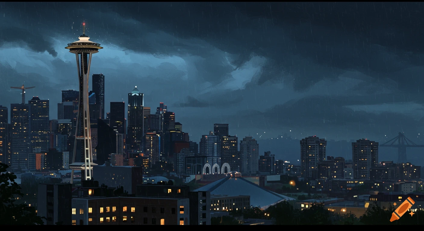 Dark, rainy night cityscape showing the Seattle Space Needle and city ...