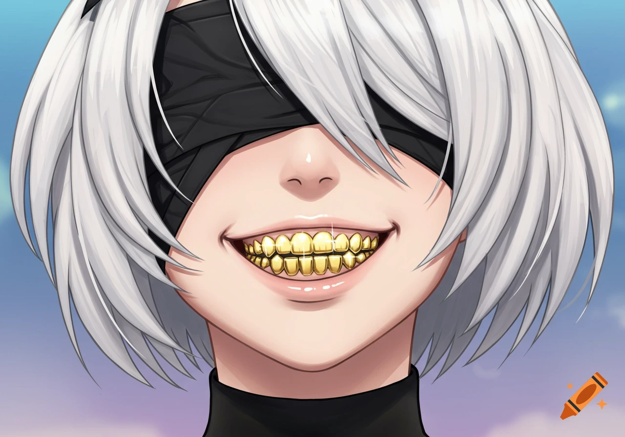 Anime portrait of 2B from Nier Automata smiling with golden grillz on ...
