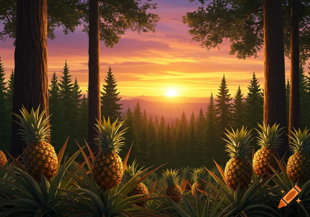 A field of pineapples stands in a forest with tall trees and a bright ...