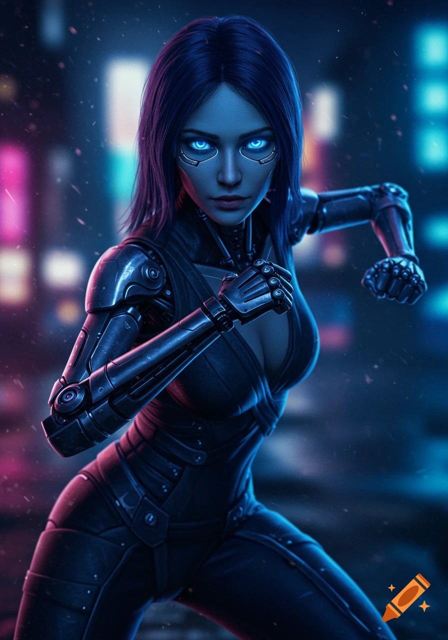 Female cyborg with blue eyes in a futuristic city. on Craiyon