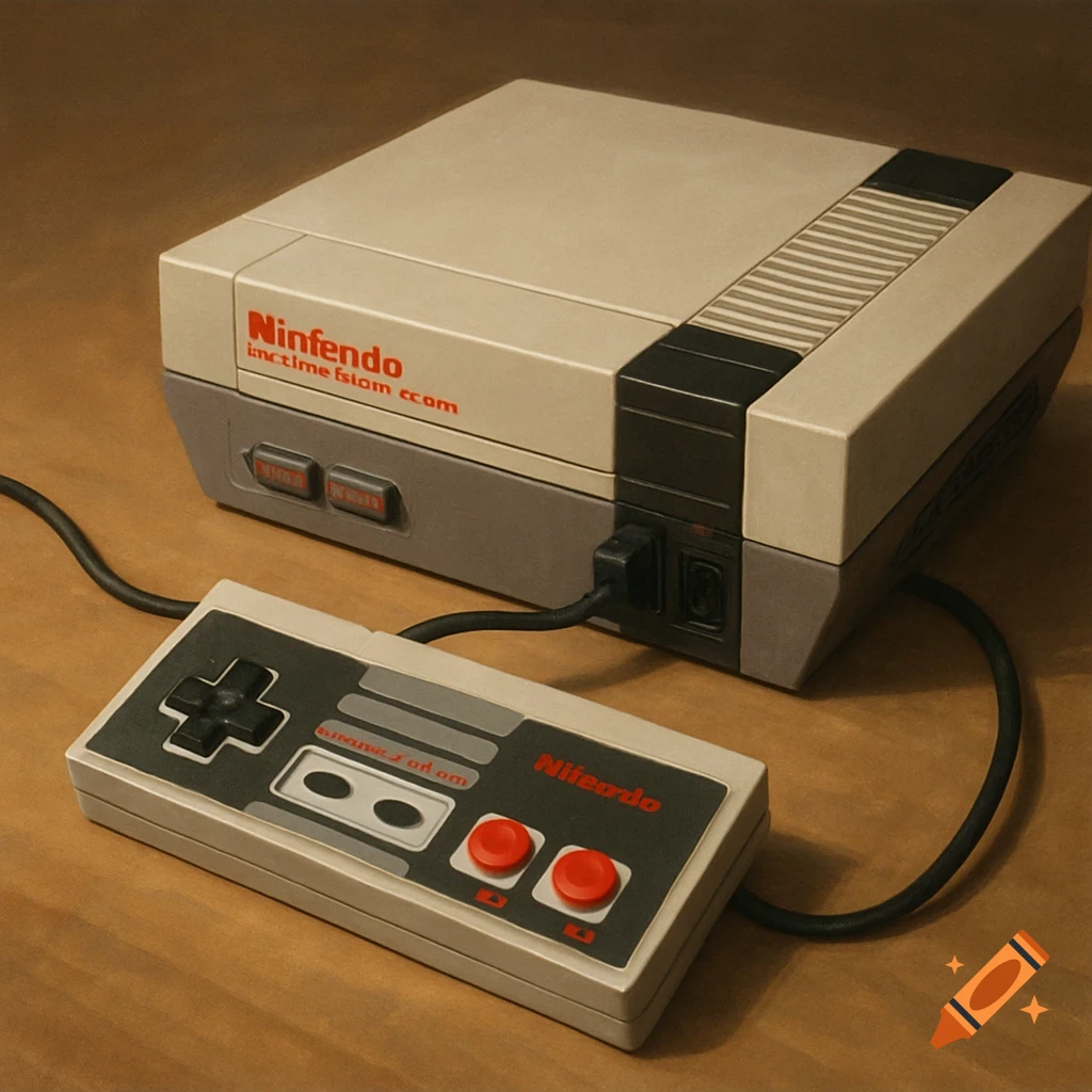 A retro game console and controller resembling a Nintendo NES on a ...