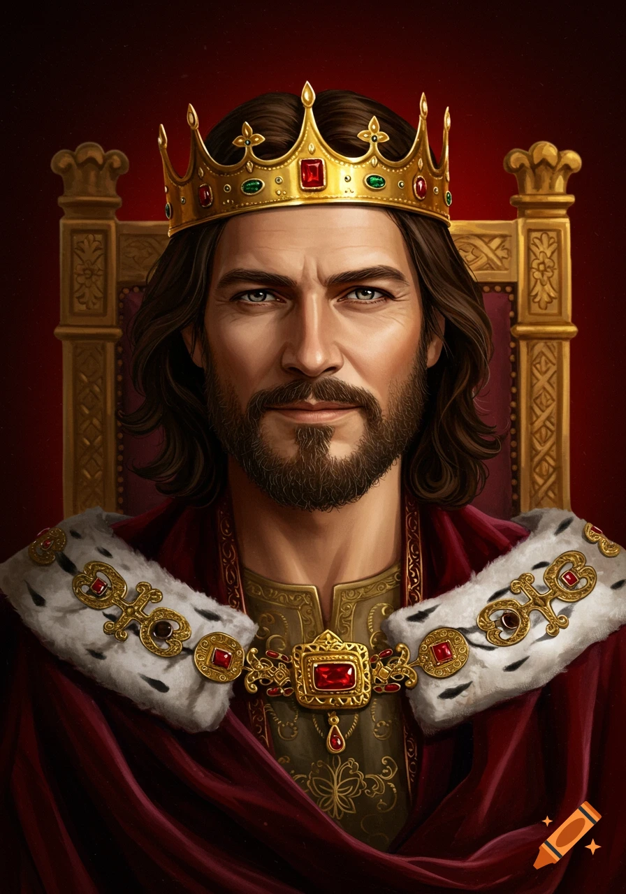 Portrait of a king in royal robes and crown seated on a throne on Craiyon