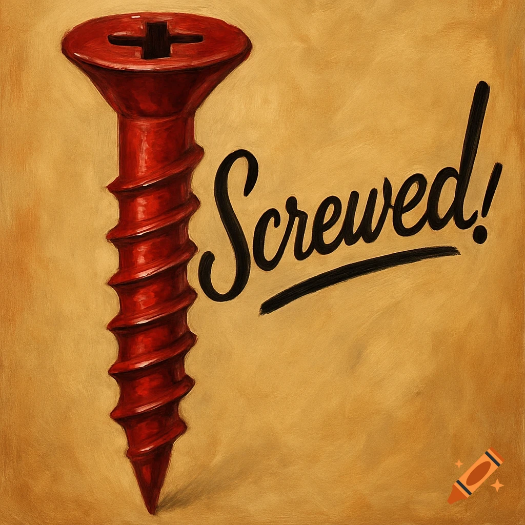 A red screw stands next to the script word 'Screwed!' in a painted ...