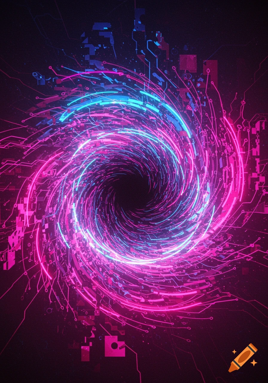 Abstract swirling vortex of pink and blue neon lights and circuit ...
