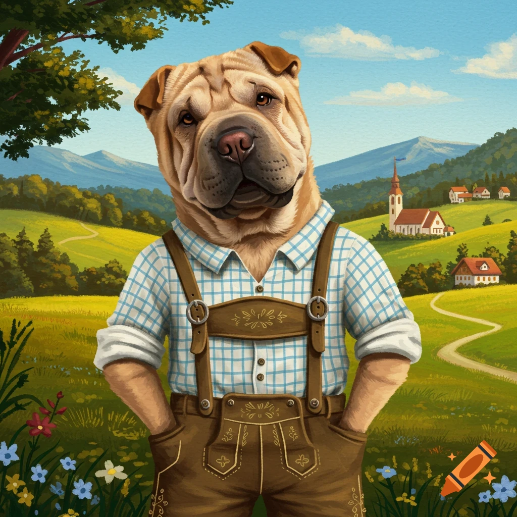 A Sharpei dog wearing lederhosen stands in a grassy field with a ...