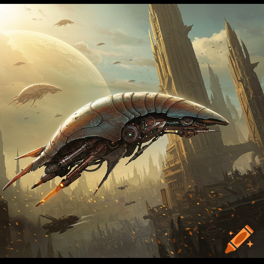 A large, detailed sci-fi flying machine hovers over a ruined city with ...