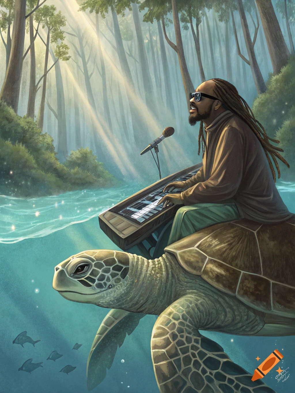 A man with dreadlocks plays a keyboard on a giant turtle floating in a ...