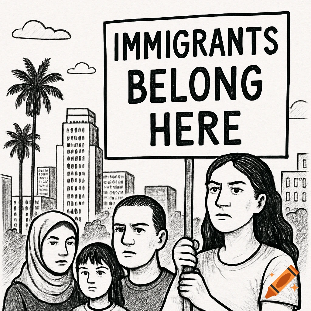Black and white drawing of people holding an 'Immigrants Belong Here ...