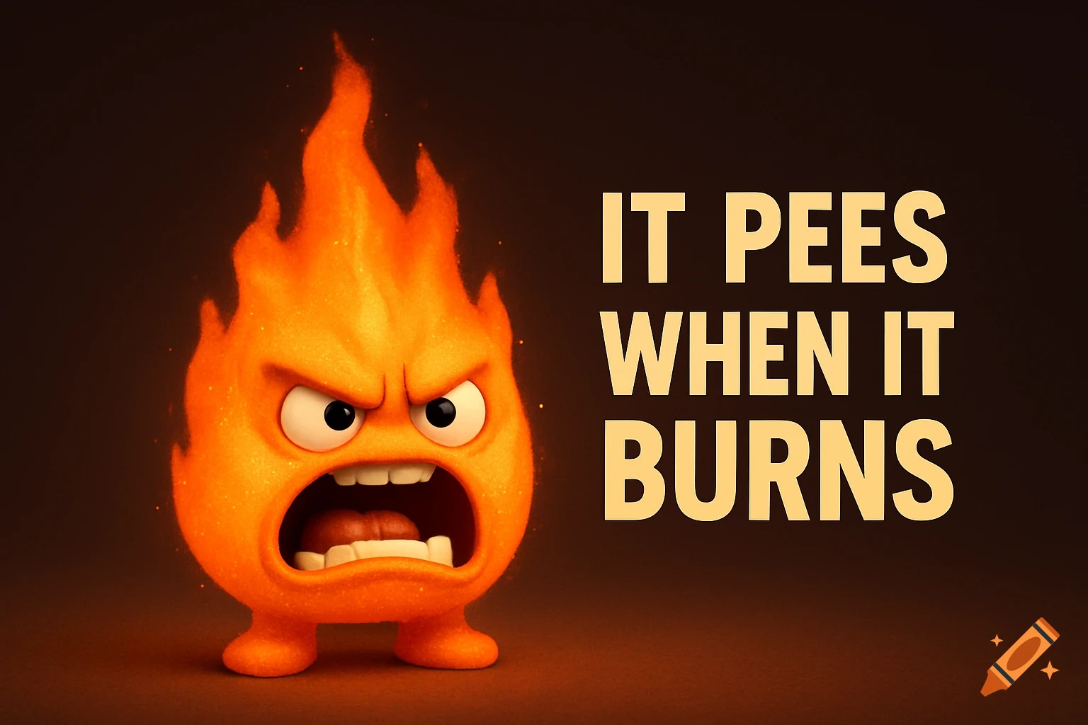 Angry cartoon fire character with text 'IT PEES WHEN IT BURNS' on Craiyon