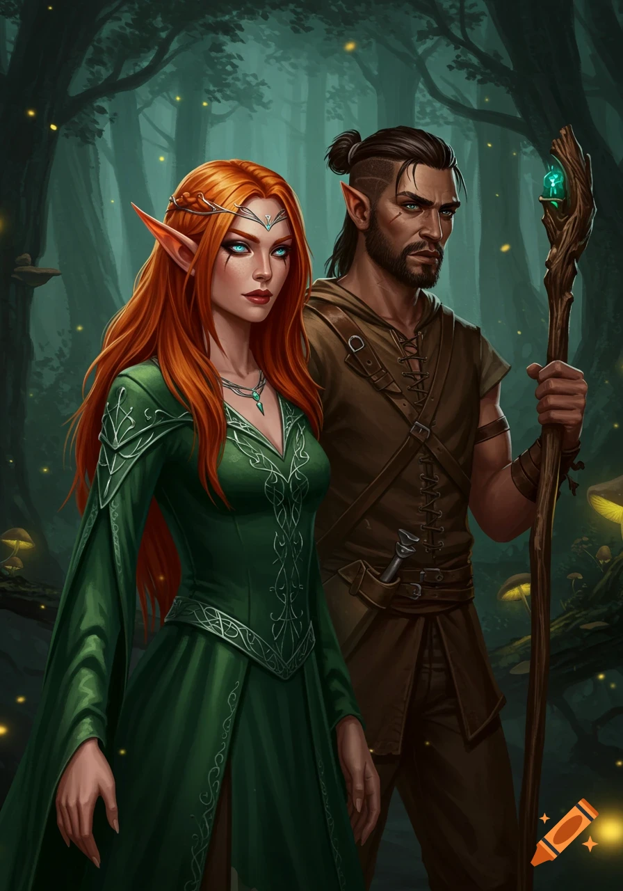 Fantasy illustration of a red-haired elf woman and a man with a staff ...