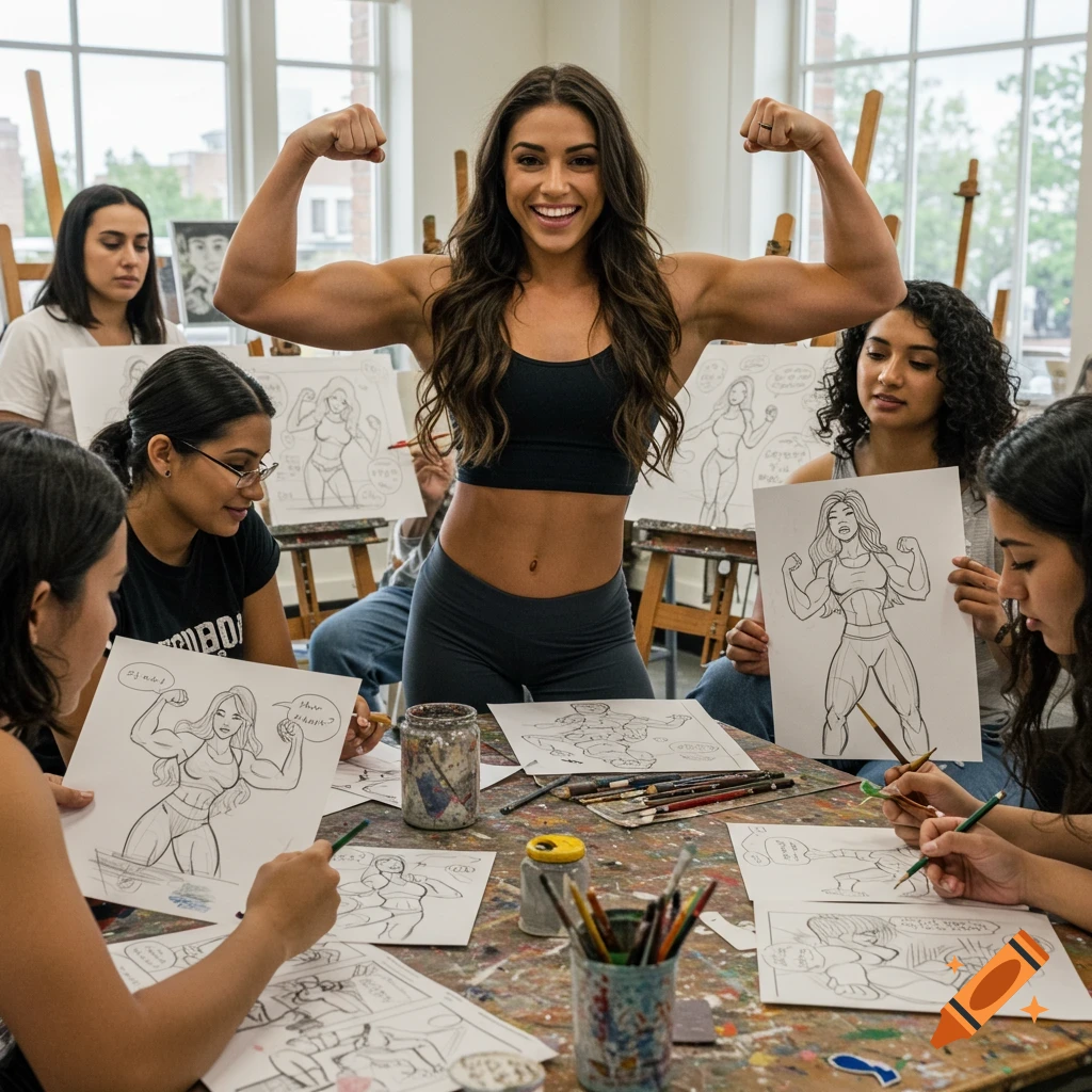 A woman flexing her biceps poses for an art class sketching comic ...