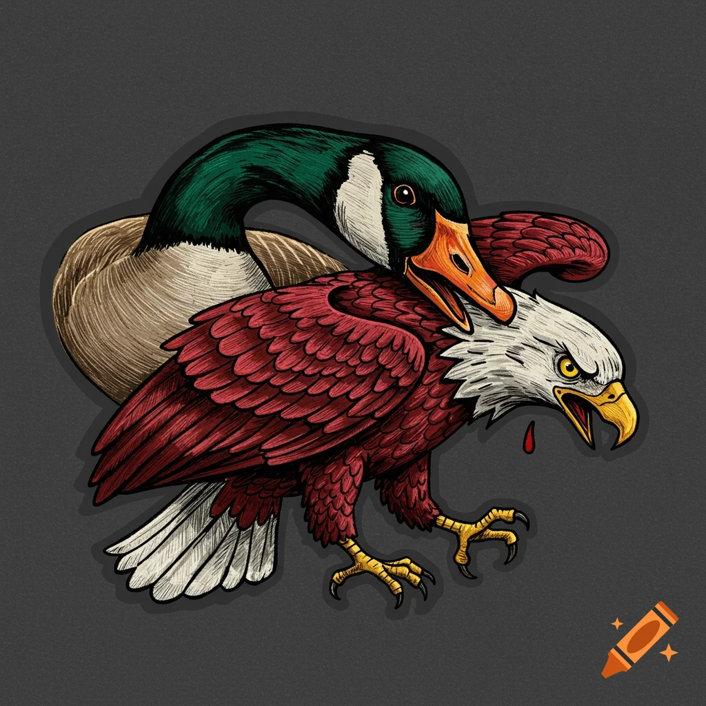 Stylized logo illustration of a Canadian goose biting an American eagle ...