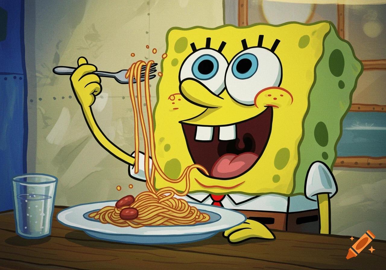 Spongebob Squarepants eats spaghetti with a fork. on Craiyon