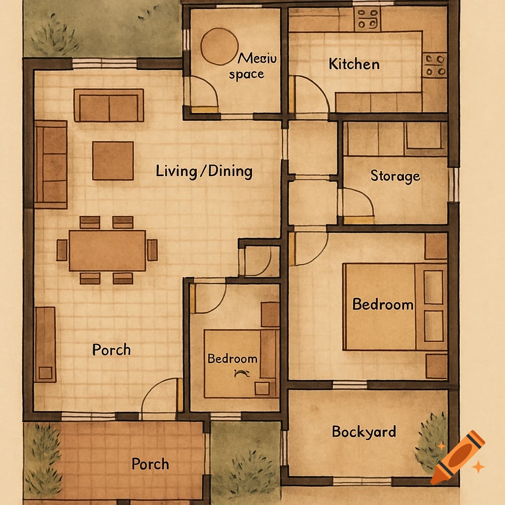 Hand-drawn floor plan of a house with labeled rooms like Living/Dining ...