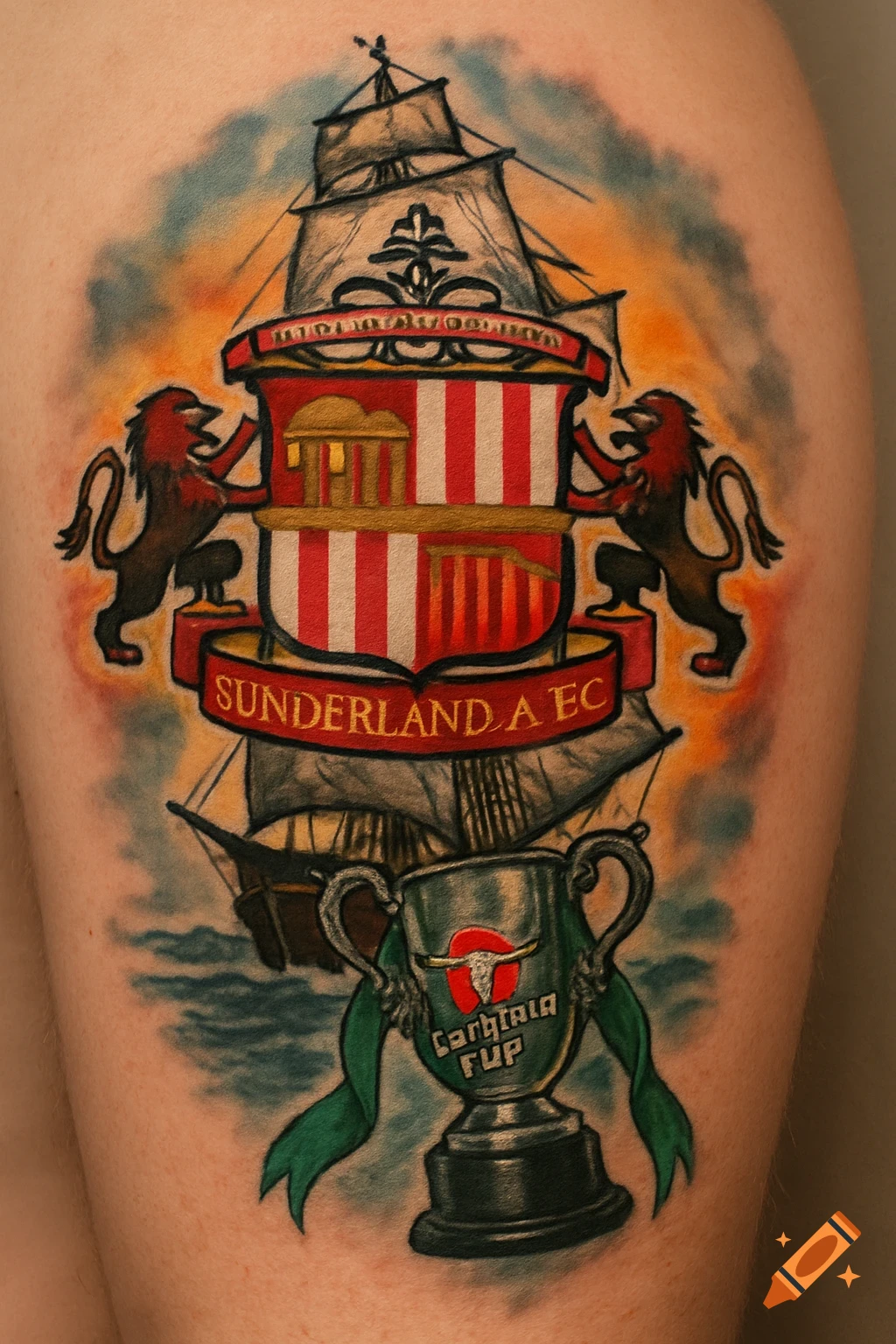 A tattoo of the Sunderland AFC badge with a ship and lions, and the ...