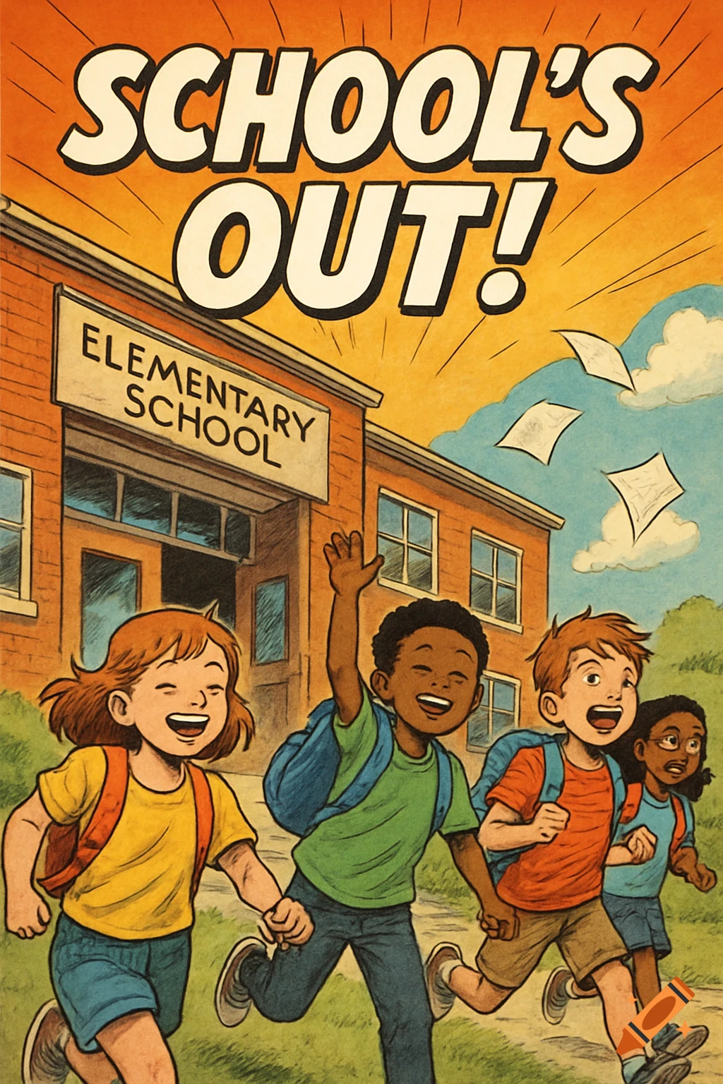 Four happy children run from an elementary school under text reading ...