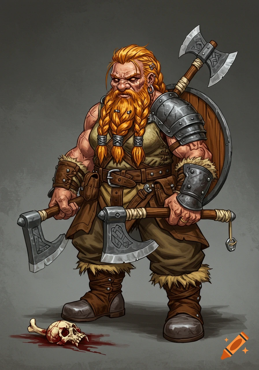 Muscular female dwarf barbarian with braided orange hair stands holding ...