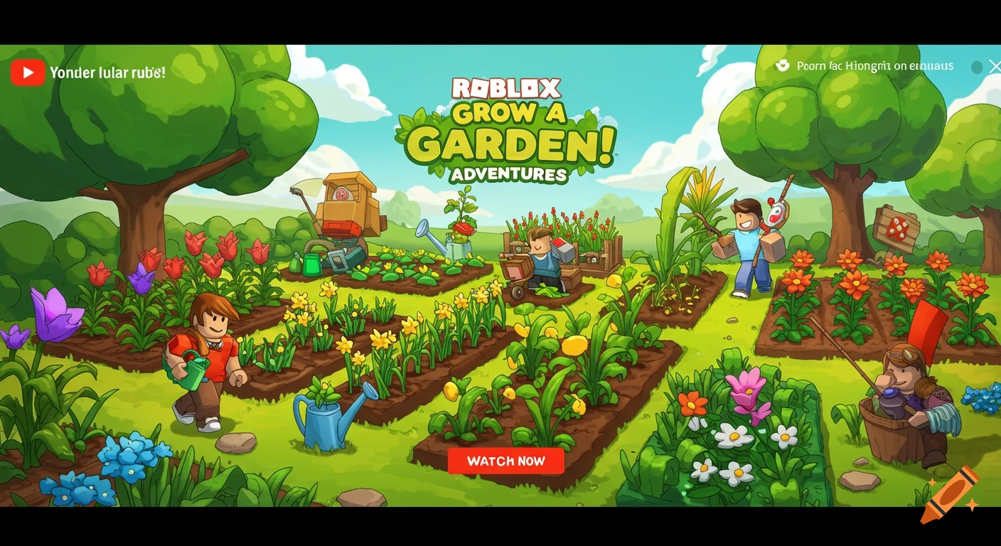 Cartoon drawing of a Roblox garden scene with characters tending plants ...
