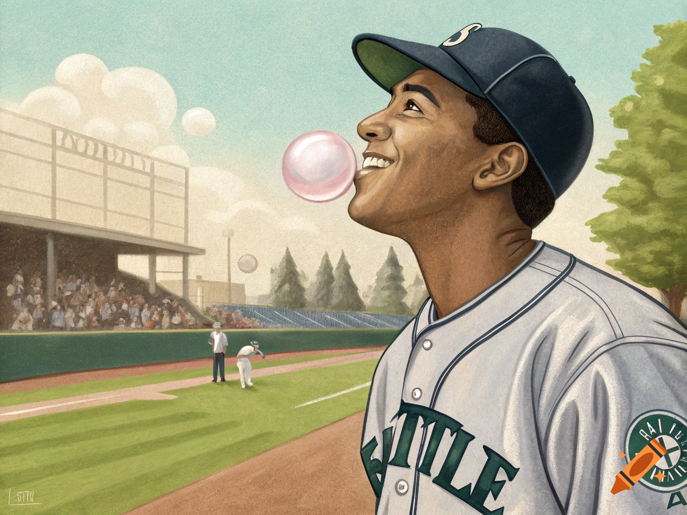 Illustration of a baseball player blowing a pink bubble gum bubble on ...