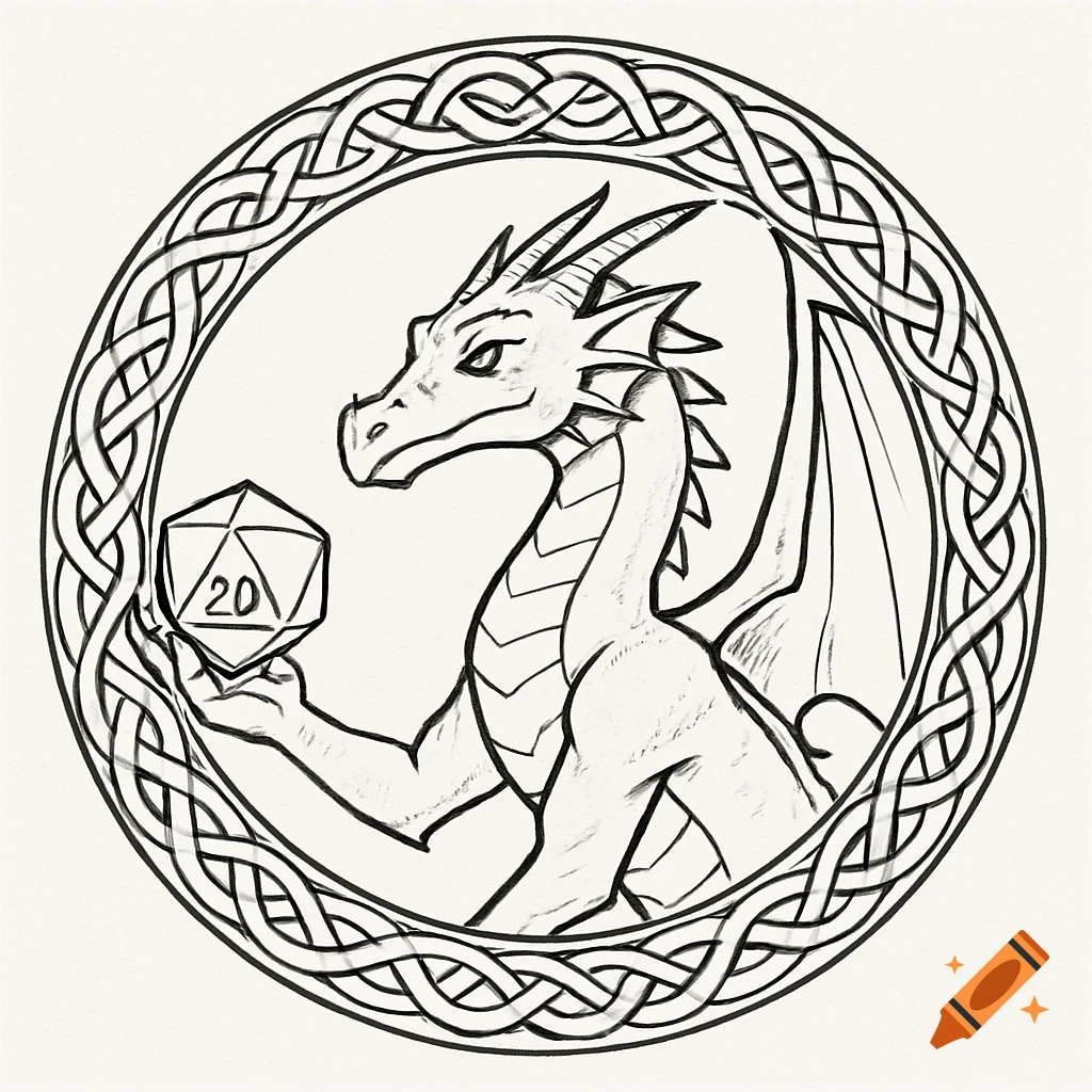 Black and white sketch of a dragon holding a D20 die, encircled by ...