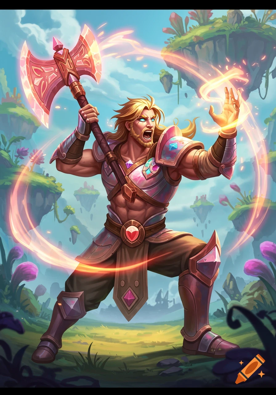 Fantasy warrior with axe and magic in a floating island realm. on Craiyon