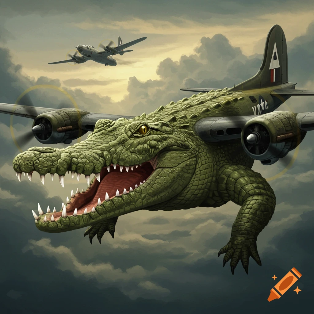 A large green crocodile flying through cloudy sky, its back and wings ...