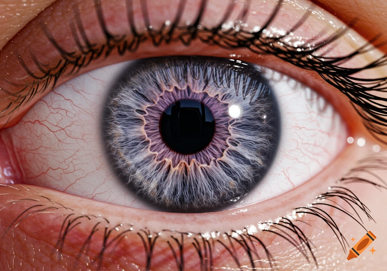 Extreme close-up of a human eye with silver iris and violet pupil. on ...