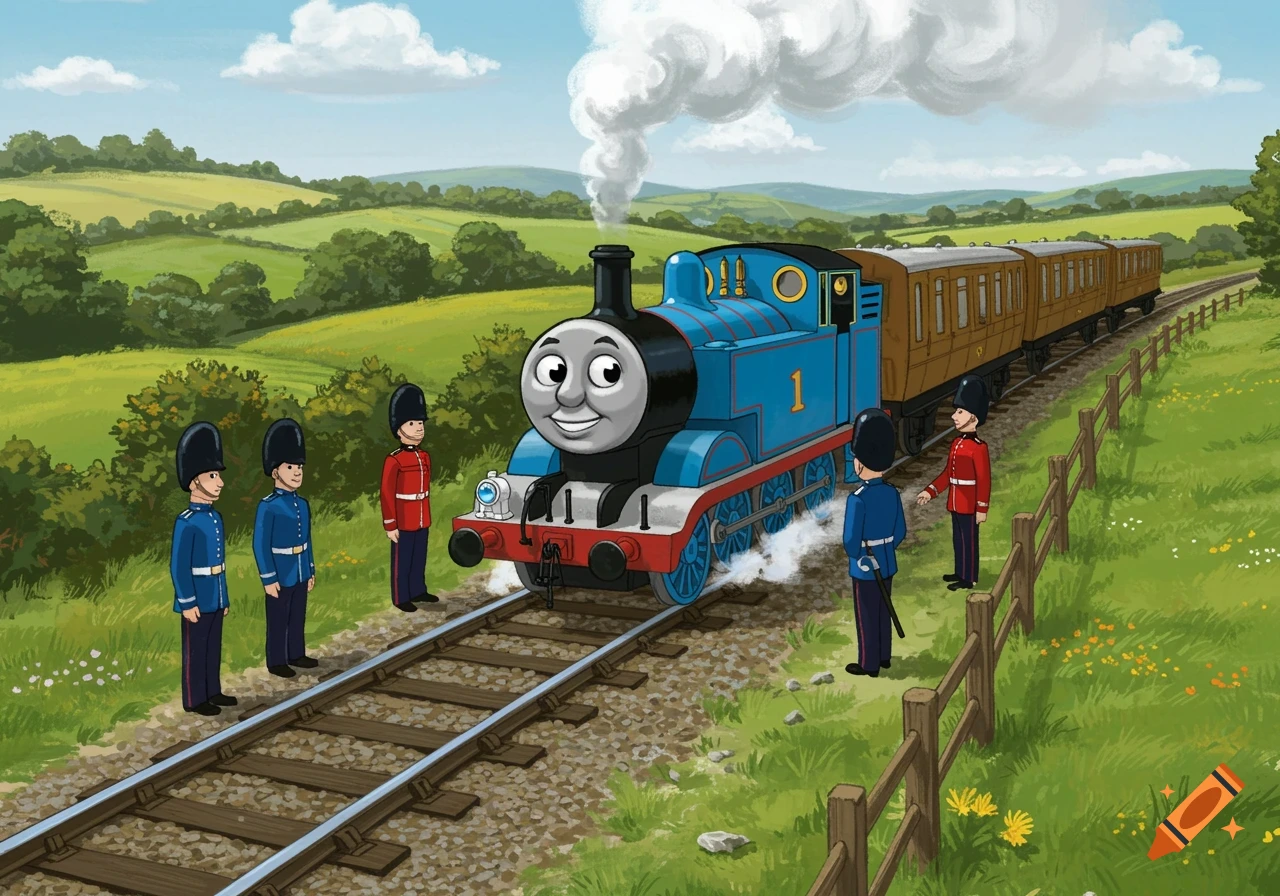 Illustration of Thomas the Tank Engine on tracks with British guards in ...