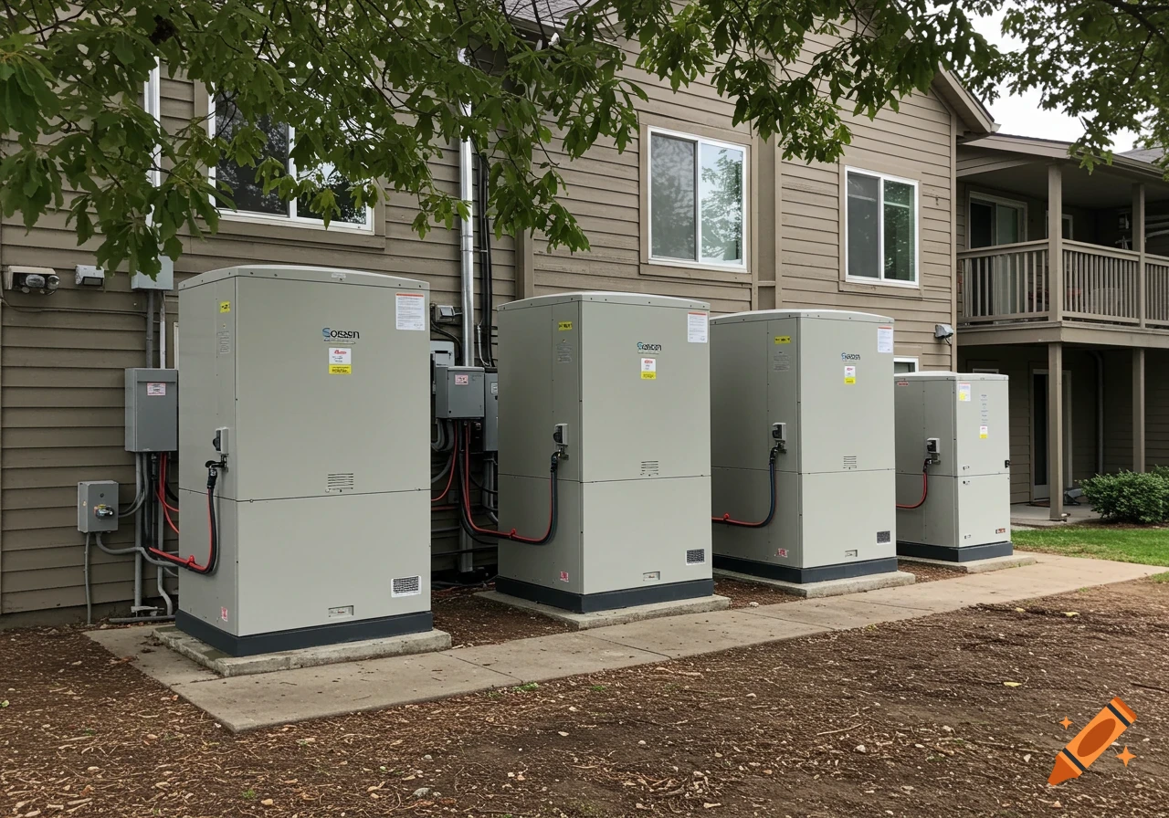 Four large outdoor battery units stand outside an apartment building ...