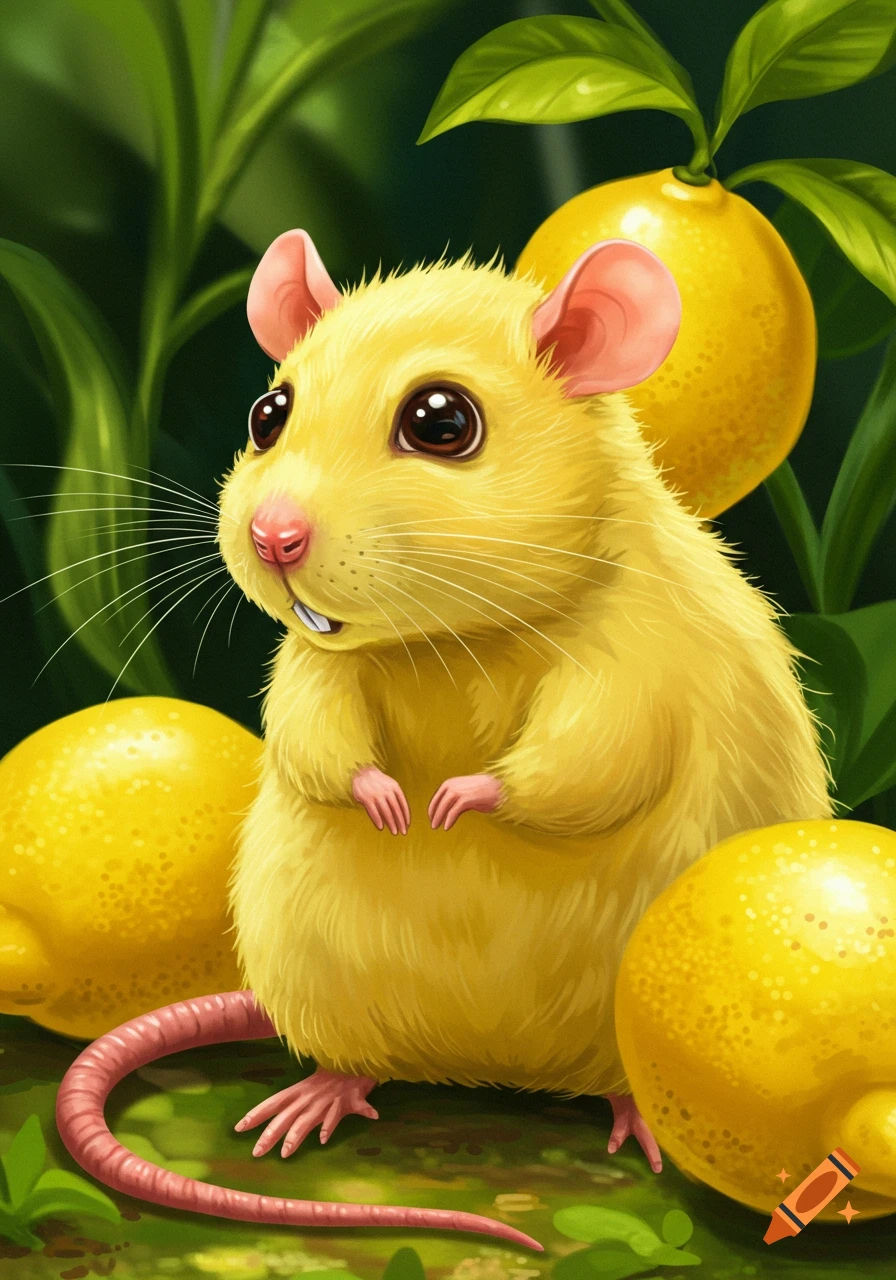 A cute yellow rat stands among lemons and green leaves in an ...