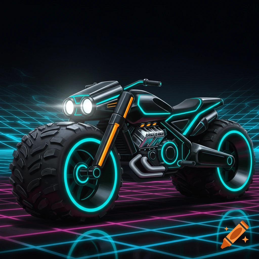 A black futuristic motorcycle with large tires and glowing blue lines ...