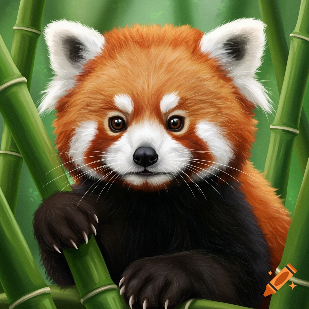 Cute red panda peers out from bamboo stalks, digital illustration. on ...