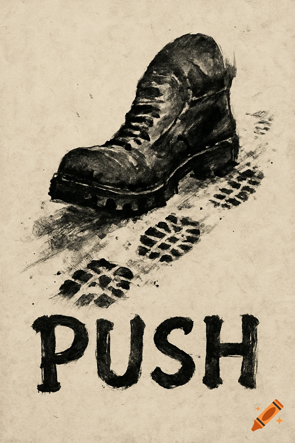Ink drawing of a boot leaving footprints with the word PUSH. on Craiyon